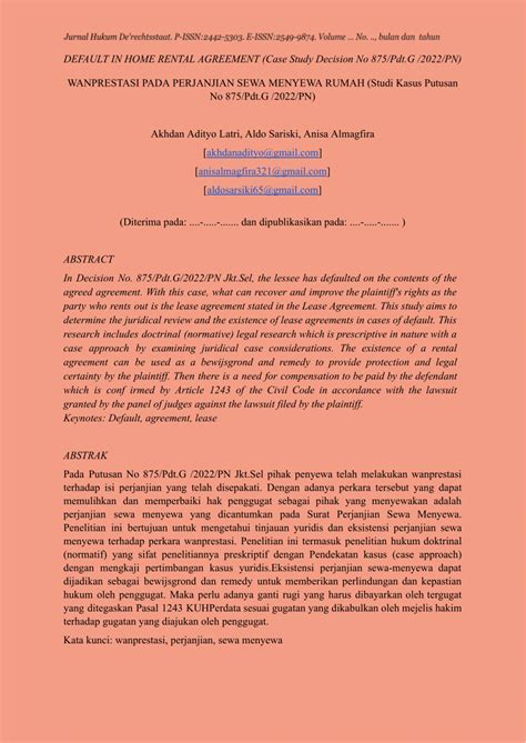 PDF WANPRESTASI PADA PERJANJIAN SEWA MENYEWA RUMAH Studi Kasus