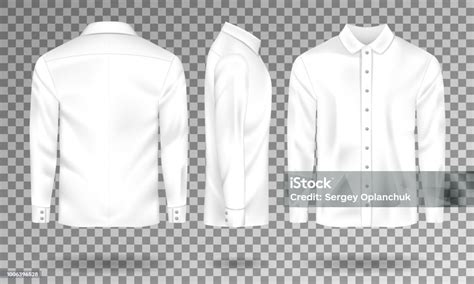 빈 남자 셔츠 템플릿입니다 현실적인 남자의 셔츠 긴 소매 전면 측면 후면 화이트 코 튼 셔츠 고립 벡터 일러스트 레이 션 긴팔에 대한 스톡 벡터 아트 및 기타 이미지