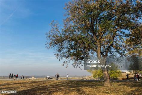 베오그라드 요새 Kalemegdan 공원 사바 강과 다뉴브 베오그라드 세르비아의 도시에서의 일몰 전경 강에 대한 스톡 사진 및