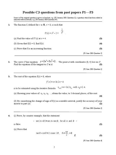Possible C3 Questions From Past Papers P1 P3 F X X Ln 2 X 4 Pdf