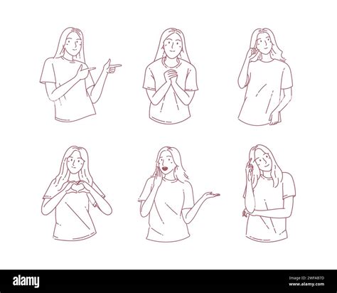 Various Behavior Pose Happy Expression Woman Character Hand Drawn Line