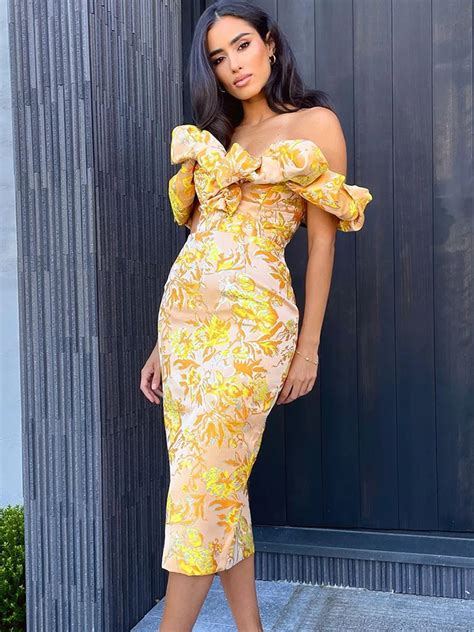 Robe Jacquard L Gante Pour Femme Tenue De Soir E Mariage Jaune Sexy