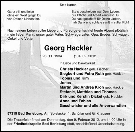 Traueranzeigen Von Georg Hackler Trauer In Nrwde