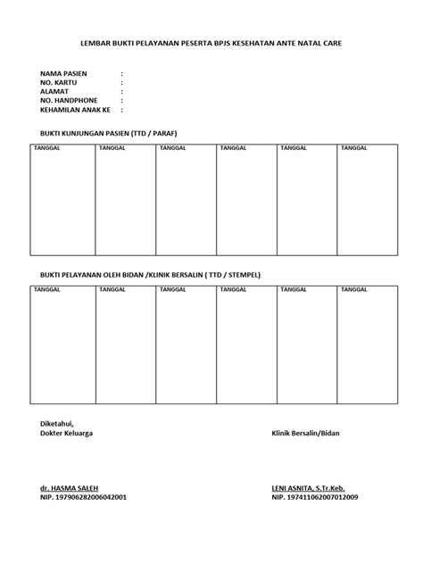 Anc Lembar Bukti Pelayanan Peserta Bpjs Kesehatan Ante Natal Care Pdf