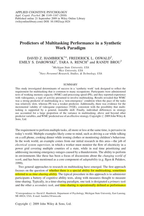 Pdf Predictors Of Multitasking Performance In A Synthetic Work Paradigm