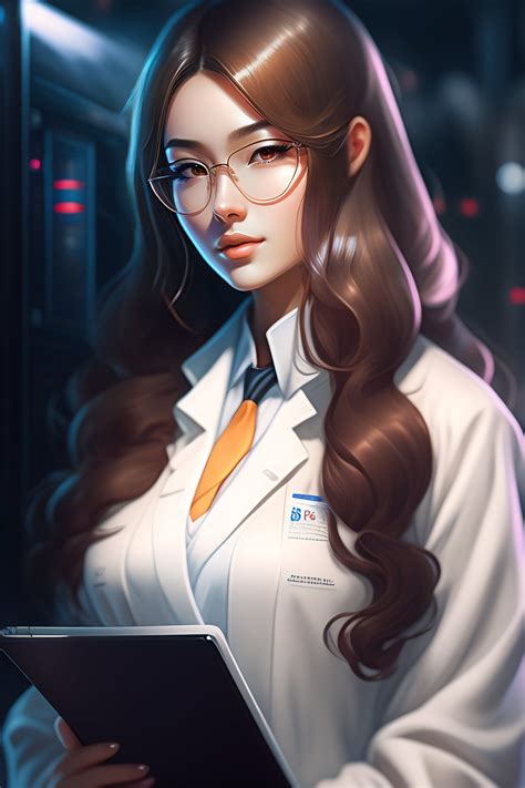 Lexica Beautiful Anime Girl With Long Hair Wearing Lab Coat And Glasses Holding A Clipboard