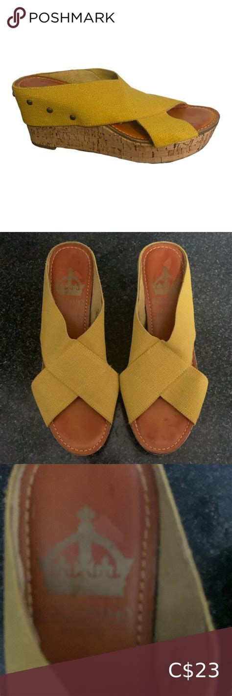 Crown Vintage Yellow Canvas Platform Wedge Sandal Cork Heel Platform