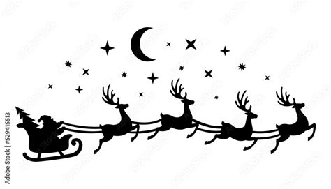 Santas Sleigh With Reindeer Flies Across The Skyvector Silhouette