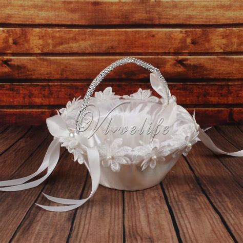 White Wedding Flower Girl Basket With Flowes Pearls Satin Ribbons Bow