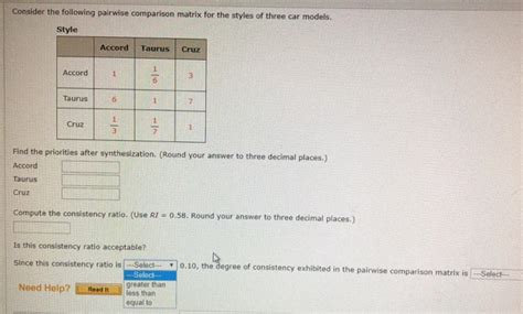 Solved Consider The Following Pairwise Comparison Matrix For