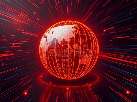 Red Glowing Globe With Binary Code And Motion Lines — Futuristic