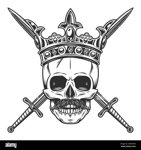 Skull In King Royal Crown With Mustache And Crossed Sword Isolated On