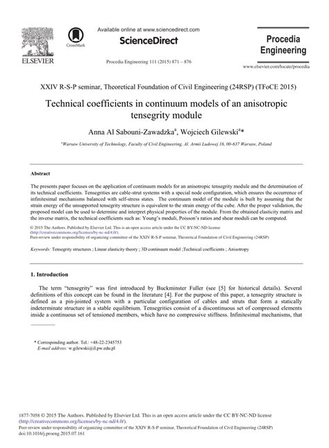 Pdf Technical Coefficients In Continuum Models Of An Anisotropic Tensegrity Module