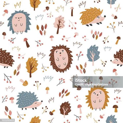 고슴도치 버섯 잎이 있는 매끄러운 가을 패턴 창조적 인 스칸디나비아 배경 어린이 의류 직물 섬유 보육 장식 포장지에 적합합니다