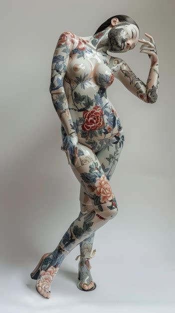 Naked Woman With A Floral Pattern On Her Body In The Studio Premium