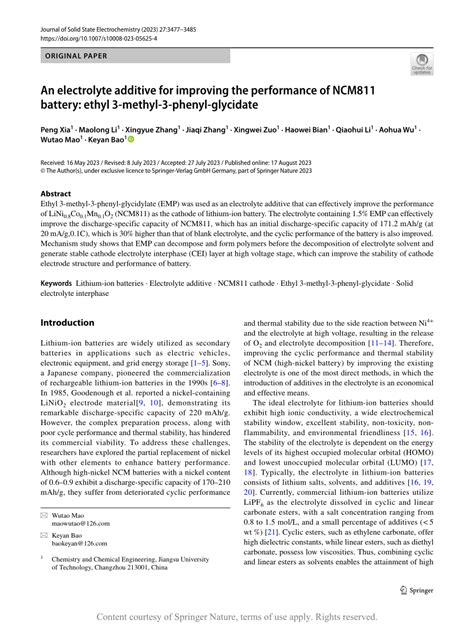 An Electrolyte Additive For Improving The Performance Of Ncm811 Battery Ethyl 3 Methyl 3 Phenyl