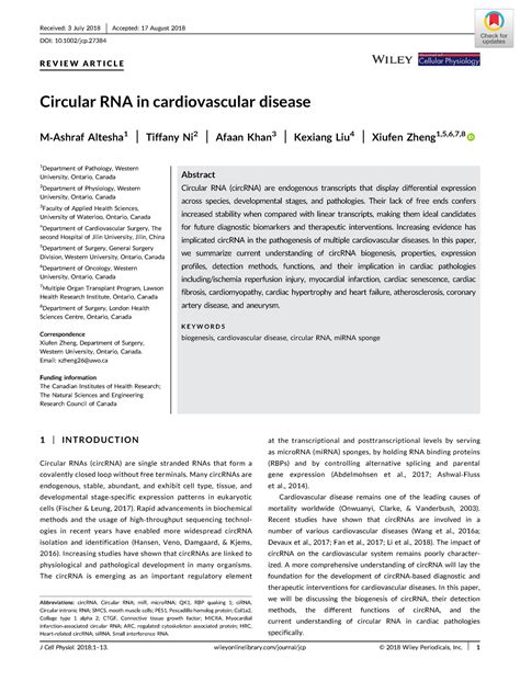 Circular RNA In Cardiovascular Disease Received July Accepted August DOI