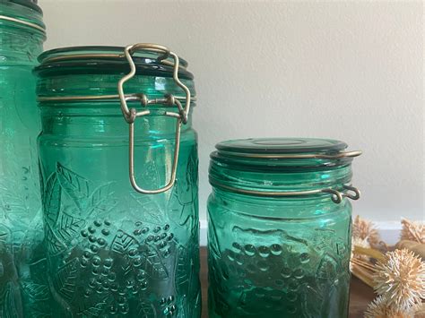 Vintage Teal Green Canister Set Of 4 Coffee Flour Tea Sugar Kitchen