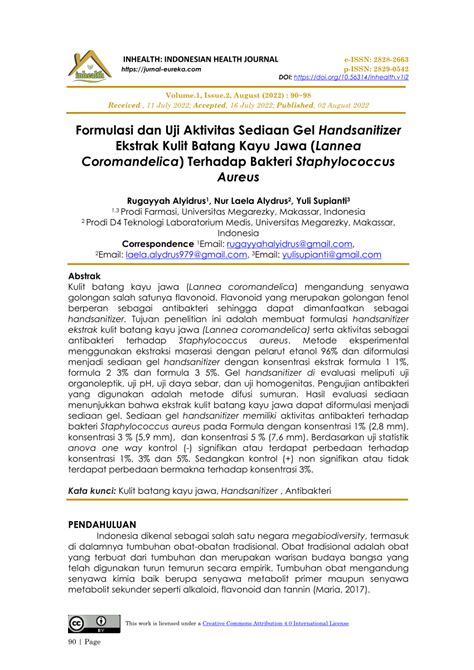 PDF Formulasi Dan Uji Aktivitas Sediaan Gel Handsanitizer Ekstrak Kulit Batang Kayu Jawa
