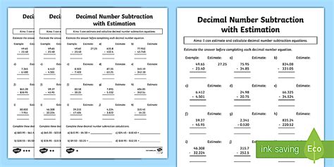 Decimal Number Subtraction With Estimation Worksheet