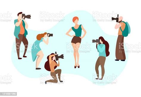 사진 카메라를 들고 사진을 찍는 다양한 사진 작가 세트 창조적 인 직업이나 직업 귀여운 여성과 남성 만화 캐릭터가 사진 촬영을