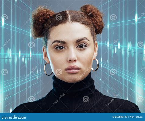 Portrait Futuristic And Woman With Holographic Ai And Innovation For