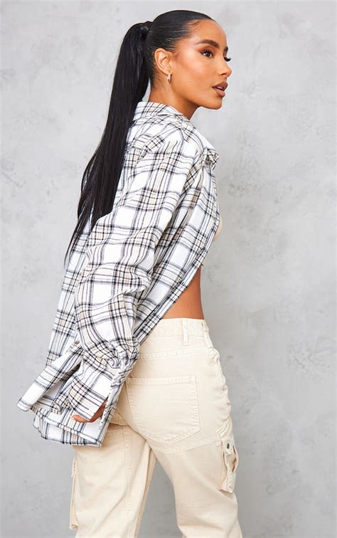 Sand Oversize Check Shirt Tops Prettylittlething