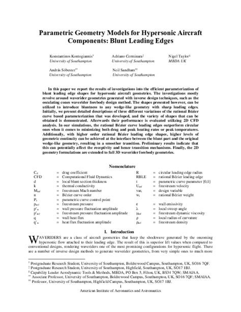 Pdf Parametric Geometry Models For Hypersonic Aircraft Components Blunt Leading Edges