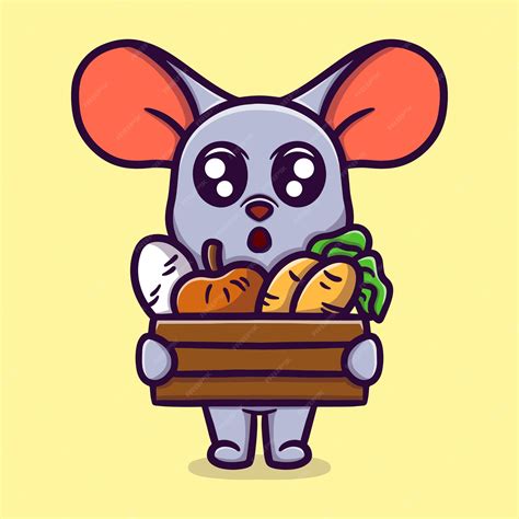 거기에 바구니를 들고 귀여운 마우스 야채 만화 벡터 아이콘 그림이 있습니다 프리미엄 벡터