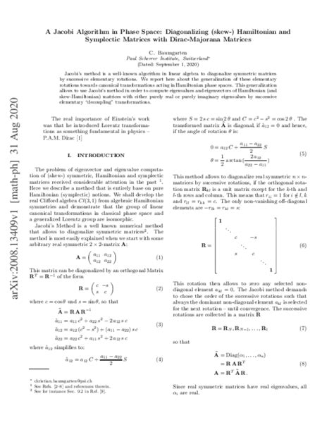 Pdf A Jacobi Algorithm In Phase Space Diagonalizing Skew