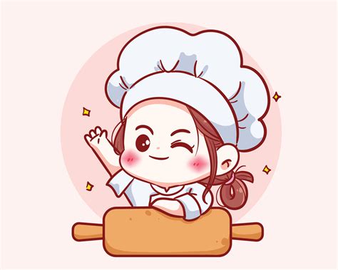 linda chica chef con carácter uniforme toma la mano y sonríe comida