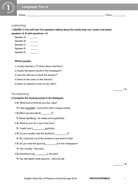 English Class A2 Tests Language Test 1a 2018 Pdf