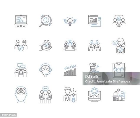 그룹 작업자 라인 아이콘 컬렉션입니다 퍼실리테이터 리더 커뮤니케이터 주최자 협력자 동기 부여자 서포터 벡터 및 선형 일러스트레이션 중재자 외교관 공감자 개요 표지판 세트