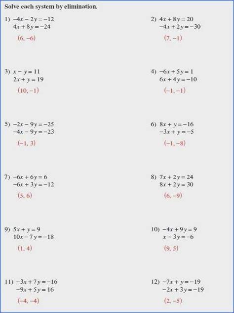 Elimination Method Math Worksheet