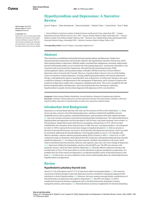 Pdf Hypothyroidism And Depression A Narrative Review