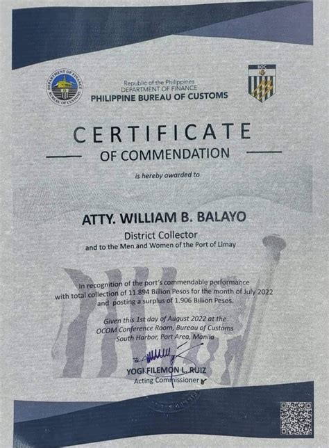 Collection Performance Ng Boc Port Of Limay Binigyang Pagkilala