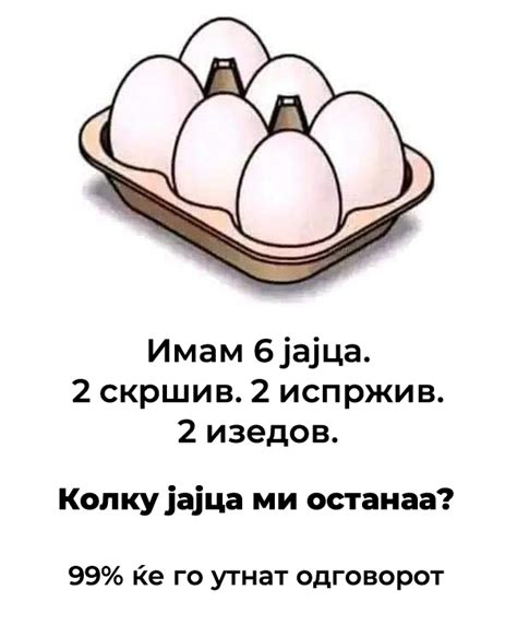Загатка за умни глави Колку јајца останаа 99 од луѓето ќе го утнат одговорот Мотика