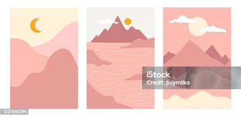 다채로운 자연 풍경과 유행 벡터 일러스트 배경 언덕 산 구름 태양과 달 0명에 대한 스톡 벡터 아트 및 기타 이미지 0명 강 관광 Istock