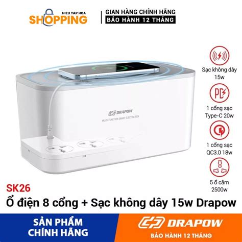 Ổ điện đóng Hộp Drapow Sk26 5 ổ Cắm 2500w 1 Cổng Type C 20w1 Cổng Qc