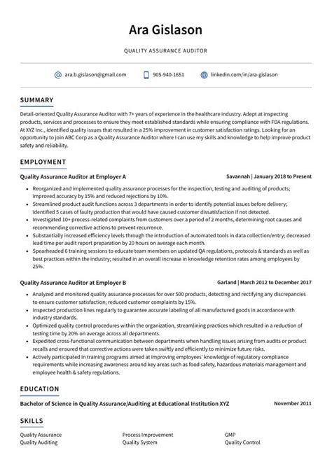 Quality Assurance Auditor Resume Cv Example And Writing Guide
