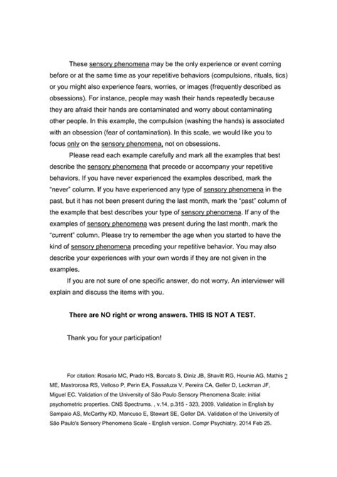 Usp Sensory Phenomena Scale English Version With Hypersensitivity Pdf