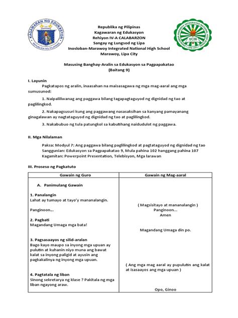 Lesson Plan 6 Modyul 7 Ang Paggawa Bilang Paglilingkod At Pagtaguyod