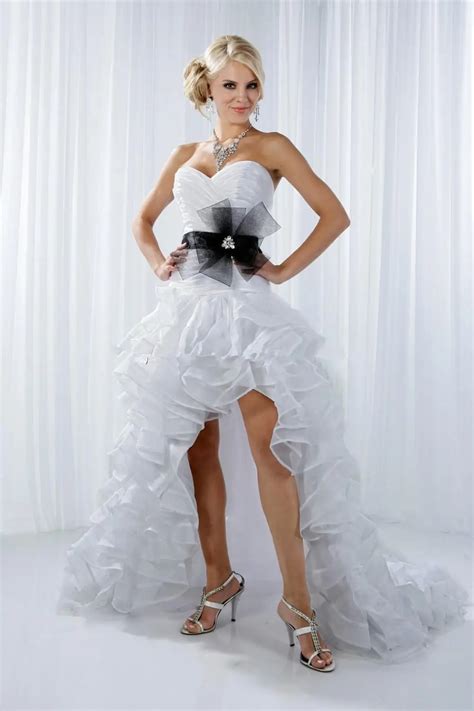 Robe De Mariage Sexy Pleated Sweetheart Black Sashes White Organza Ruffle Front Short Long Back