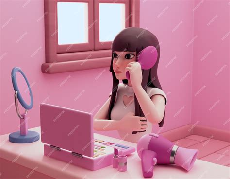 Premium Psd 3d Rendering Of Girl Applying Makeup