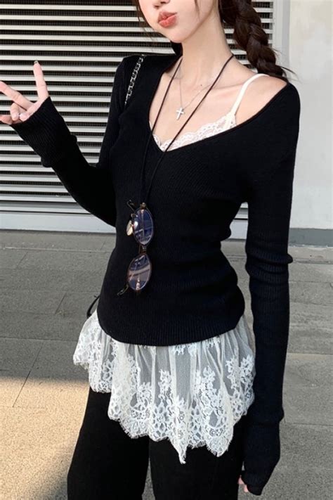 핑크프릴 Set 딥 브이넥 긴팔 슬리밍 니트 탑 레이어드 레이스 나시 투피스세트