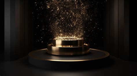 스파크와 금 먼지 3d 렌더링 그림의 불꽃이 있는 황금 연단 어두운 방에 빛이 있는 3d 렌더링 골드 디스플레이 연단 고화질