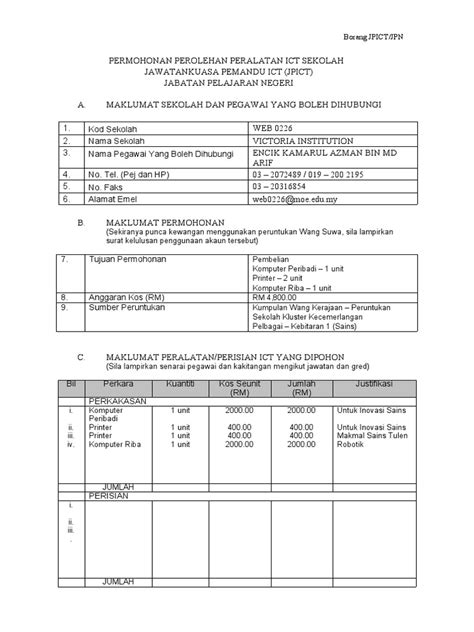 Borang Jpict Jpn Permohonan Peralatan Ict Untuk Sekolah Harian Sahaja Pdf