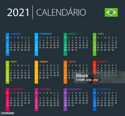 달력 2021 브라질 색상 벡터 일러스트레이션 포르투갈어 버전입니다 어두운 배경 10월에 대한 스톡 벡터 아트 및 기타 이미지