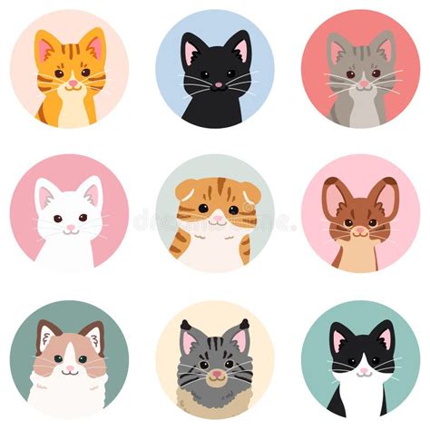 Simple And Adorable Cats Circle Icons Set Stock Vector Illustration