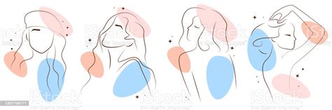 白い背景に分離された色の斑点を持つ少女の連続した線画像パステルカラーのミニマルなコンセプトベクトルの図 いたずら書きのベクターアート素材や